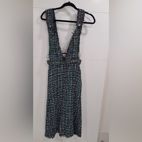 Zara | Dresses | Zara Elegant Backless Tweed Dress In Green And Black ...
